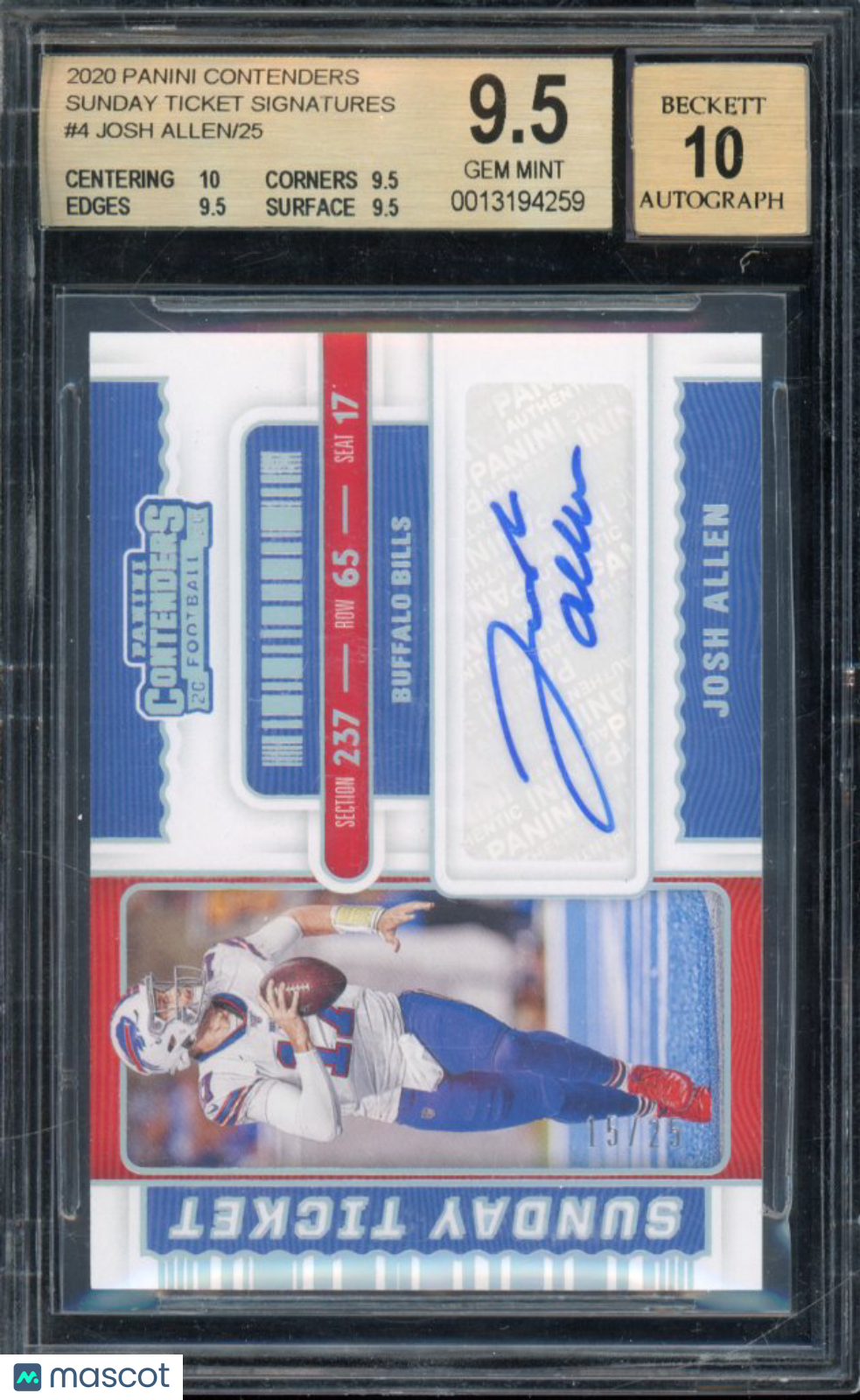 2020 Panini Contenders Josh Allen Sunday Ticket Auto /25 BGS 9.5/10 ...